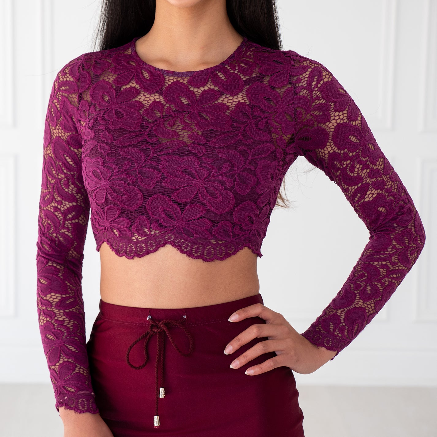 Plum Long Sleeve Lace Crop | Designer Blouse | Readymade Saree Blouse ...